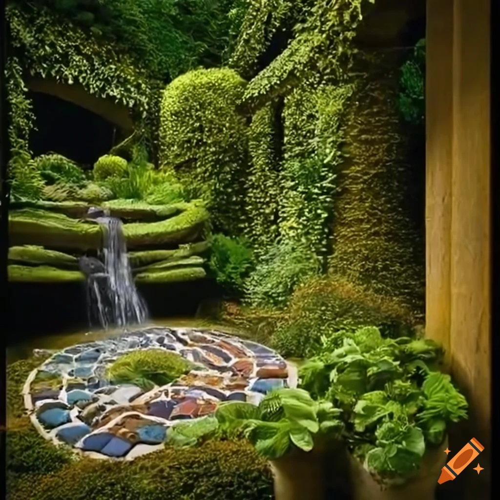 Alternating dark and light interwoven mosaics garden with decorative ...