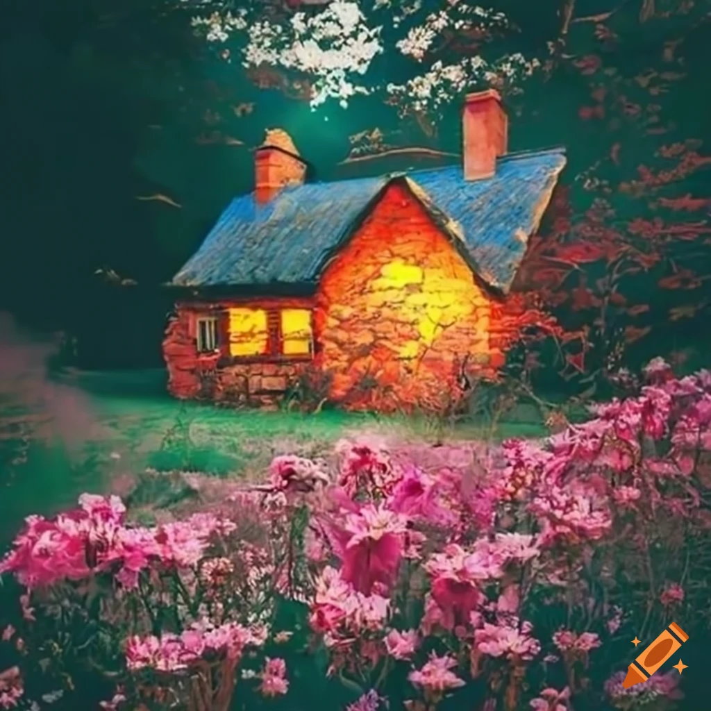 A charming cottage surrounded by blooming flowers on Craiyon
