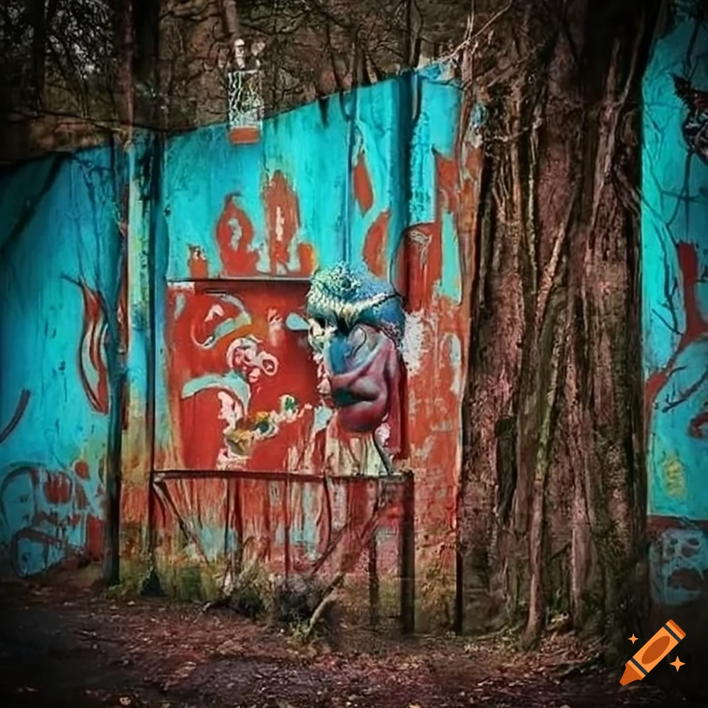 Surrealist circus graffiti on walls on Craiyon