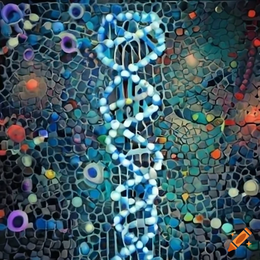 Mosaic art depicting dna and molecules on Craiyon