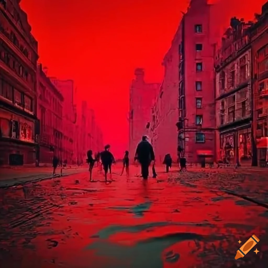 Performance art with people covered in red paint