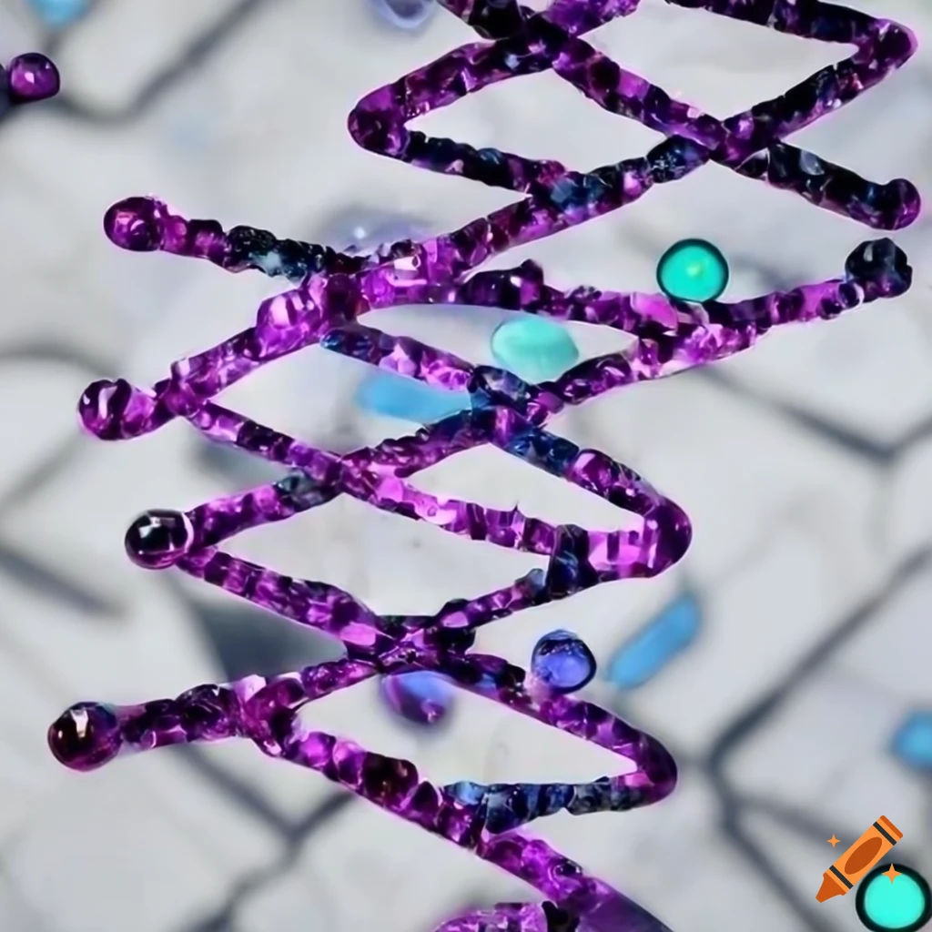 Mosaic artwork of dna made with blue and violet glass pieces