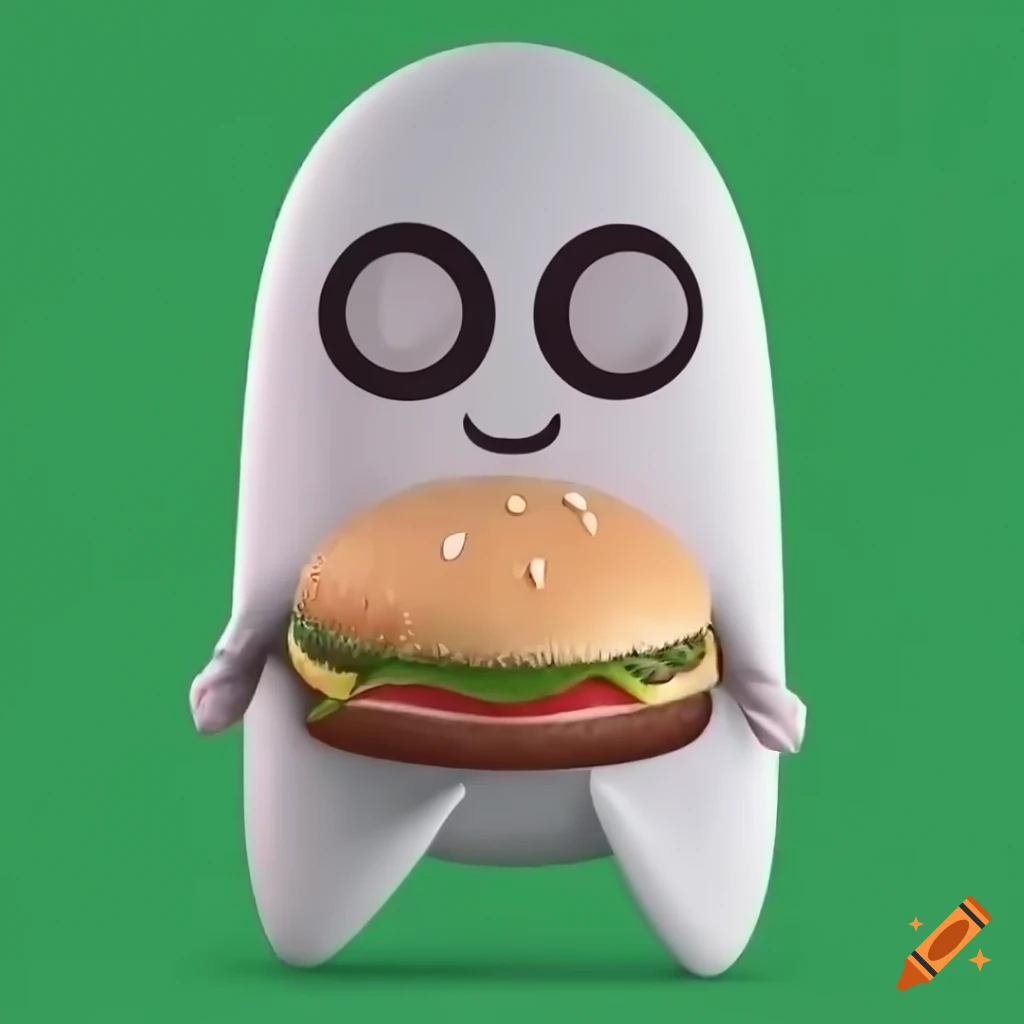 Cute cartoon ghost with a cheeseburger on green screen on Craiyon