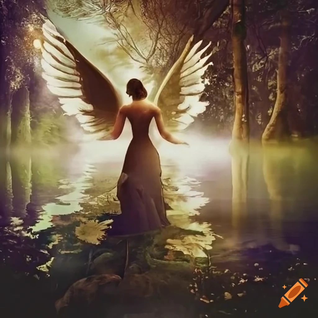 Illustration of an angel riding a whale through a celestial forest