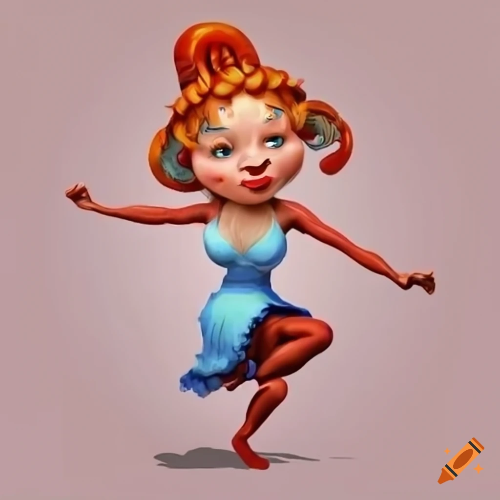 Cartoon illustration of a dancing dwarf woman on Craiyon