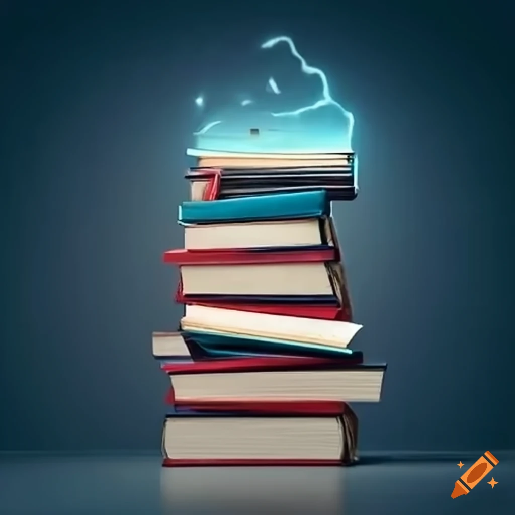 Stack of books with a sign 'tasks completed' on Craiyon