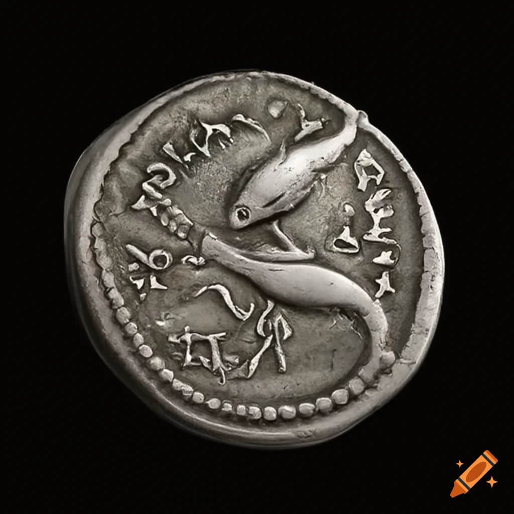 Rare roman silver coin with a three-eyed fish