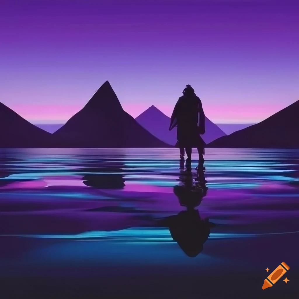 Synthwave illustration with pool, mountain, and hooded silhouette on ...