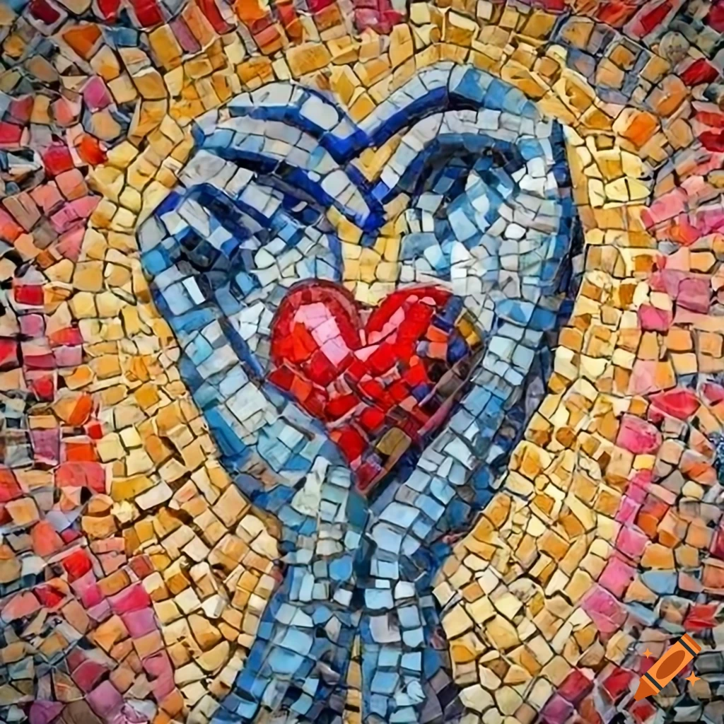 Mosaic art of hands holding a heart