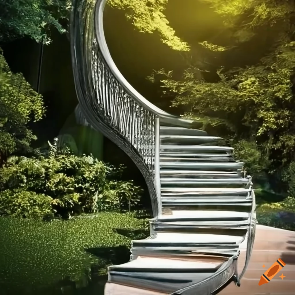 Silver staircase leading to a balcony in a garden on Craiyon