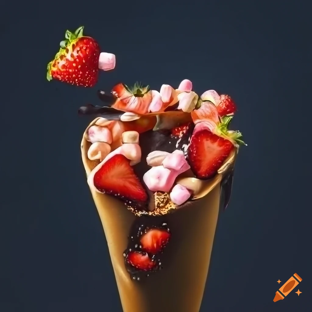 Crispy crepe cone with strawberries, marshmallows and chocolate drizzle ...