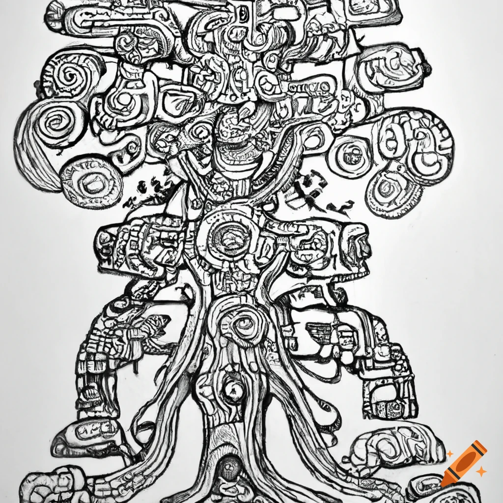 Detailed ink drawing of the mayan tree of life on Craiyon