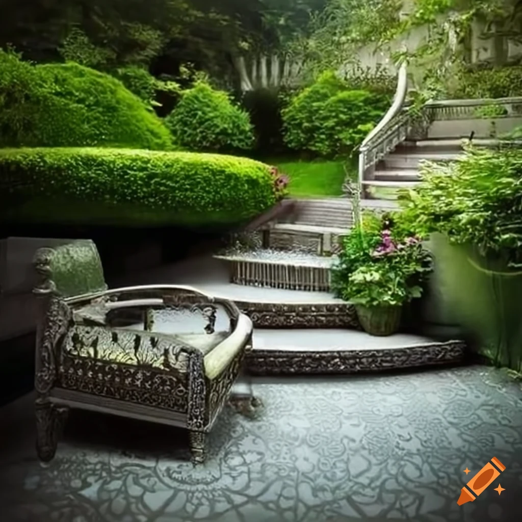 Silver staircase in garden leading to a balcony in pond on Craiyon