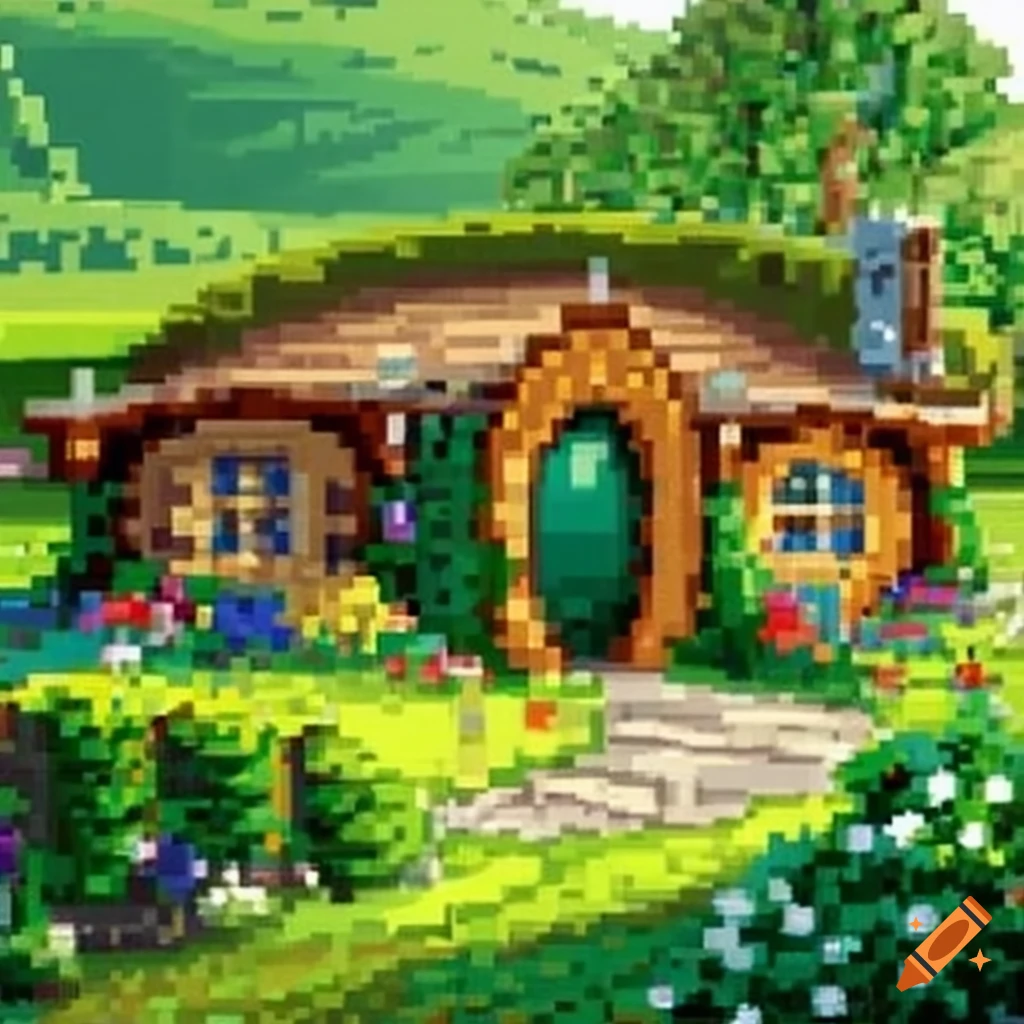 Pixel art of a charming hobbit house with flowers