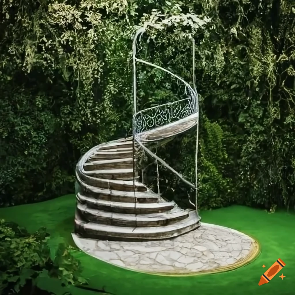 Curved silver stairs in a garden leading to a balcony