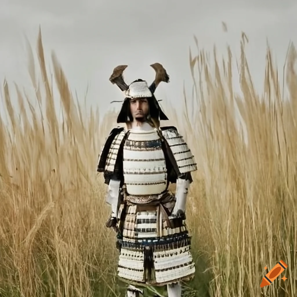 Samurai in white armor standing in tall grass on Craiyon