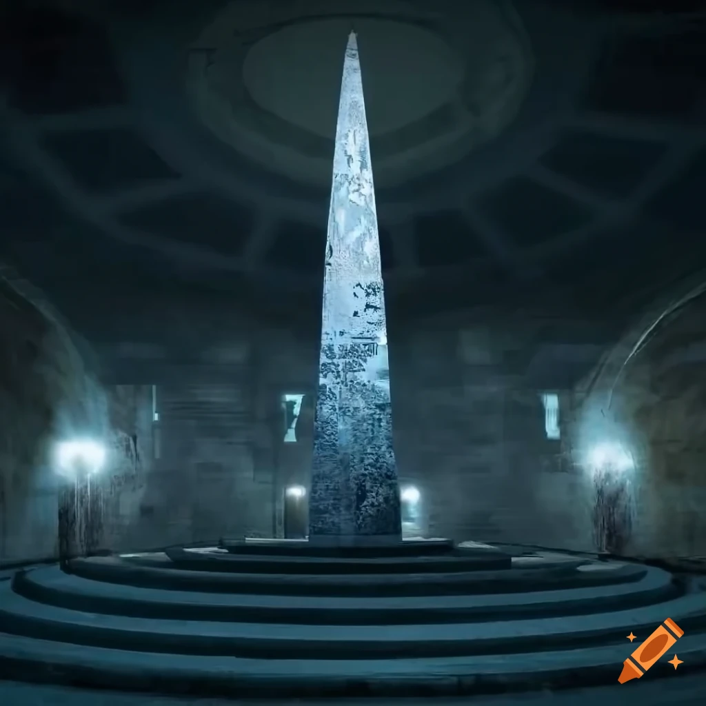 Image of a silver obelisk in a dungeon on Craiyon