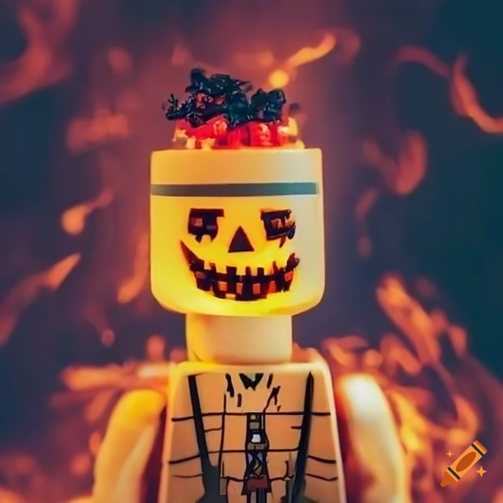 Closeup of halloween-themed lego puppets in an explosive scene