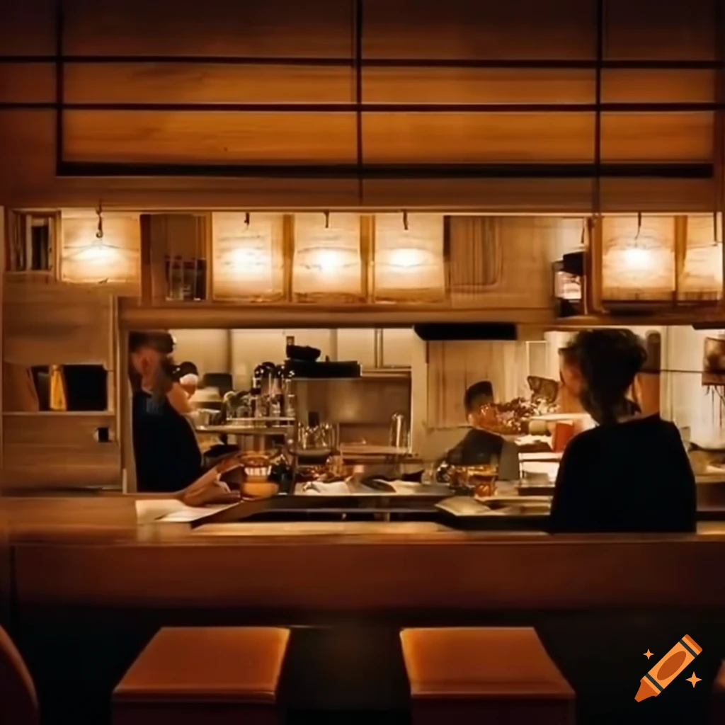 View of a cozy japanese restaurant kitchen from counter seats on Craiyon