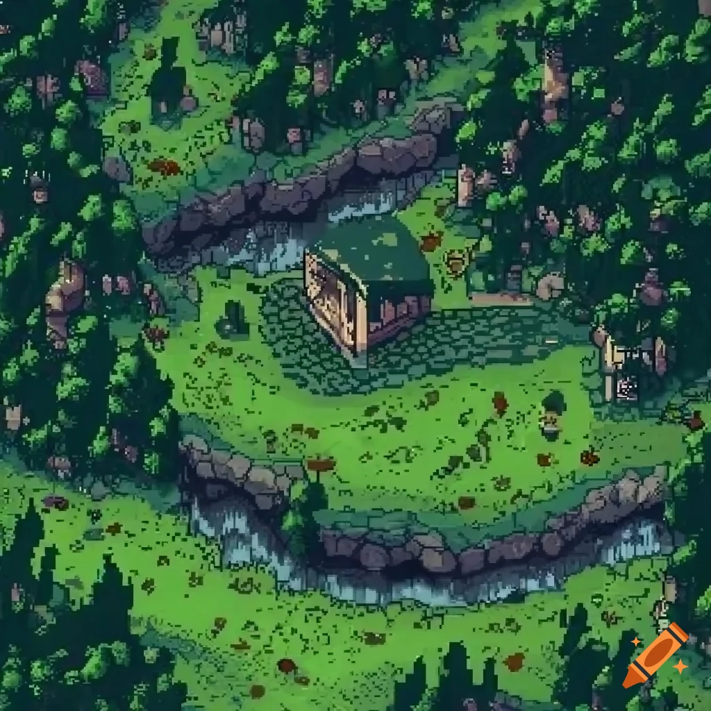 Top-down pixel art map of a valley on Craiyon