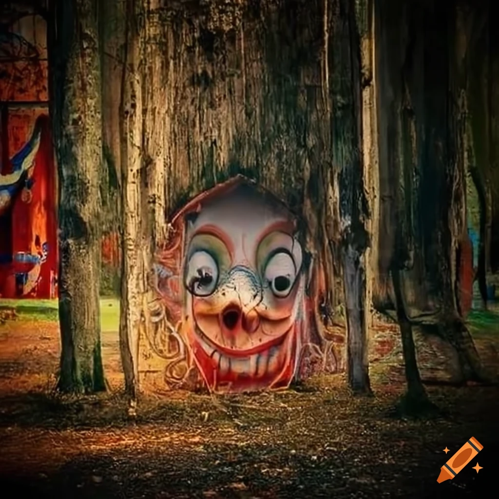 Surrealist circus filled with graffiti and swamp trails on Craiyon