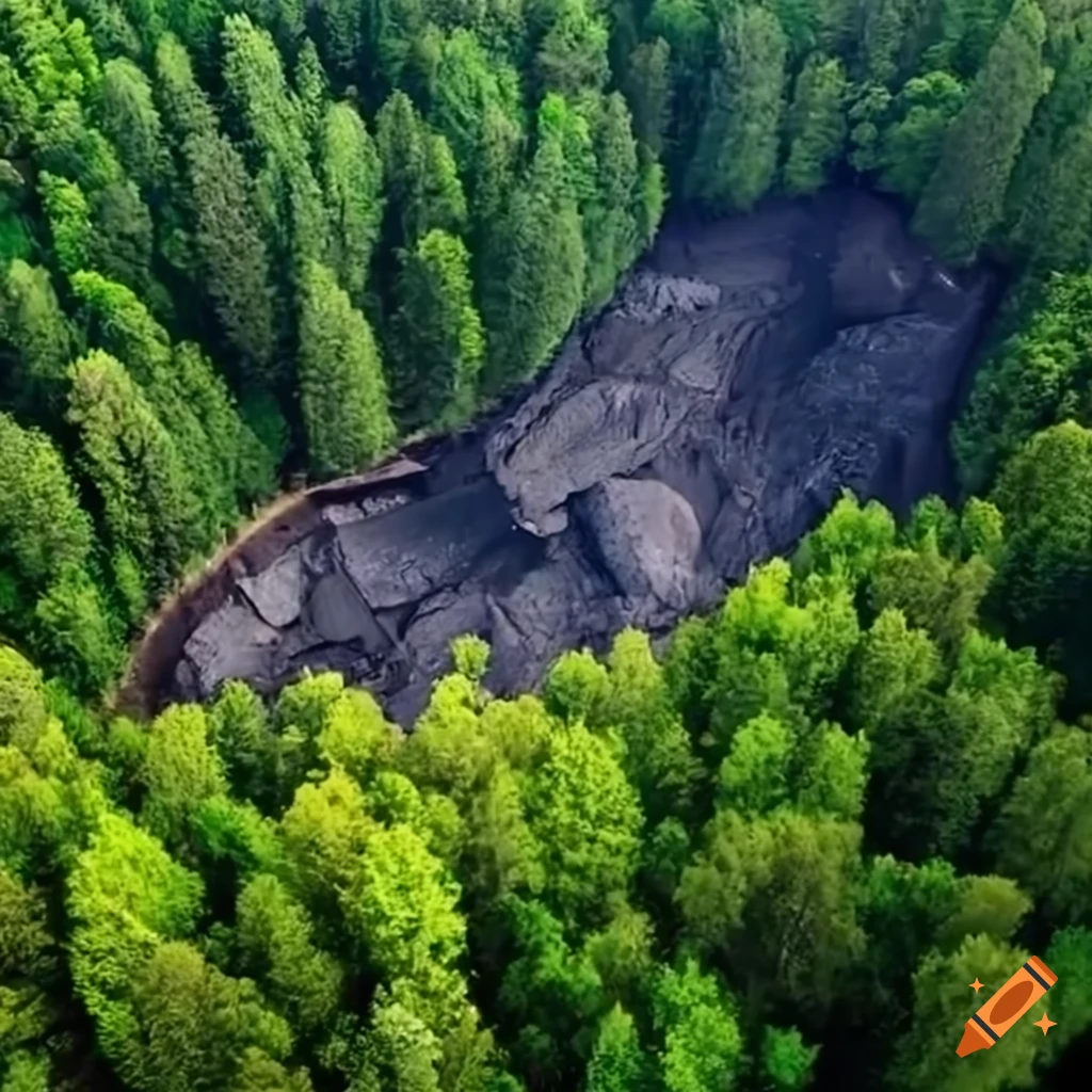 Aerial view of a coal mine in a lush green forest on Craiyon