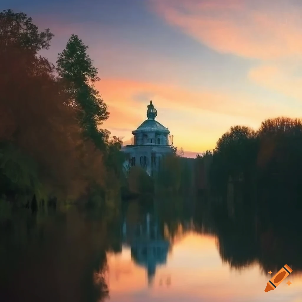 Neoclassical landscape painting with a river and garden on Craiyon