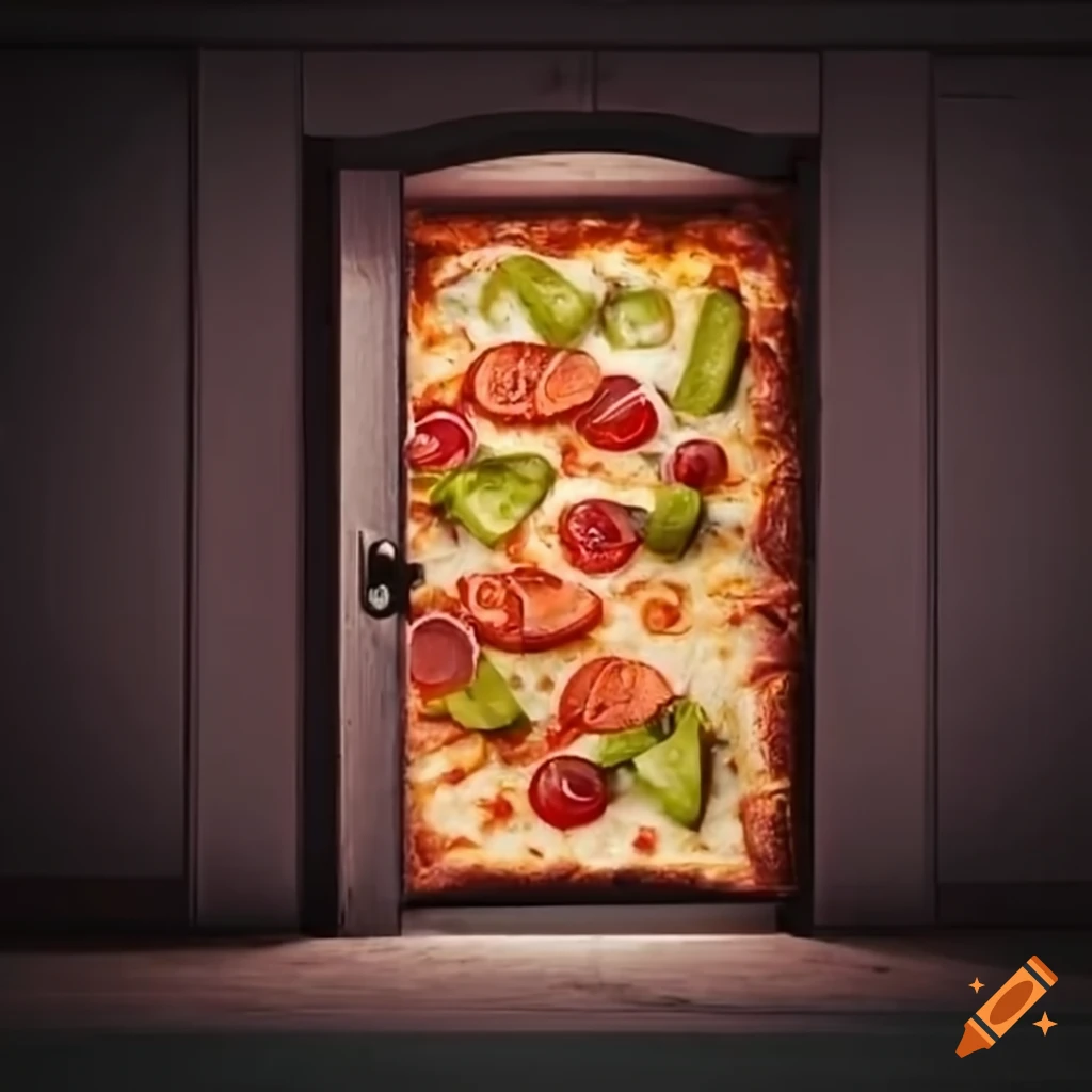 Door covered with pizzas