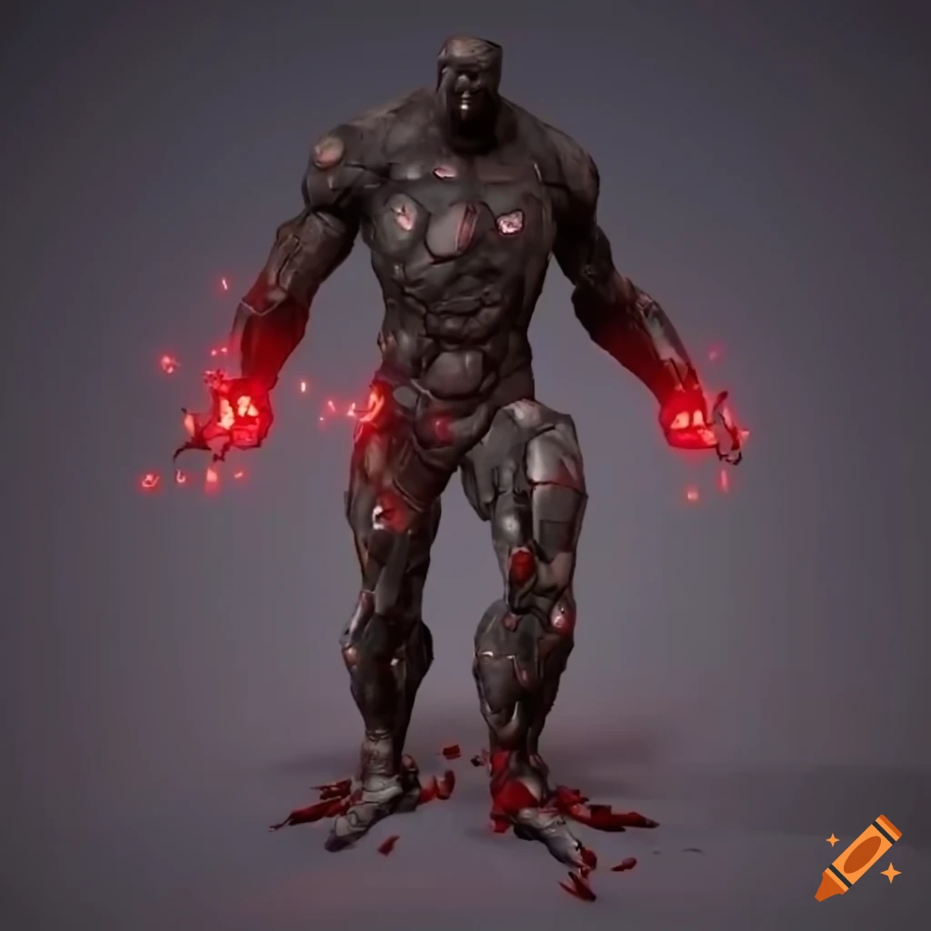 Black stone golem cyborg with red glowing crystals on Craiyon