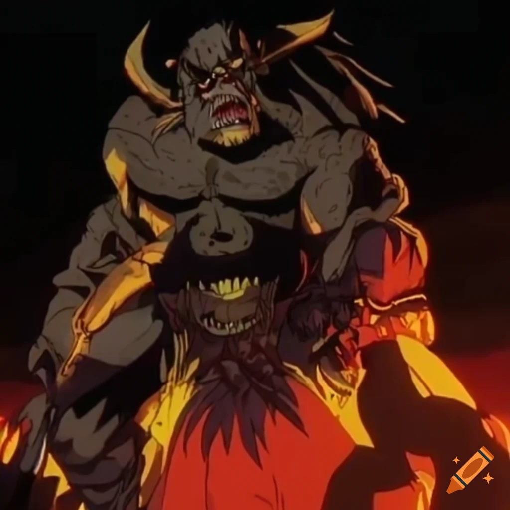 Dark fantasy anime OVA with marching orc army on Craiyon