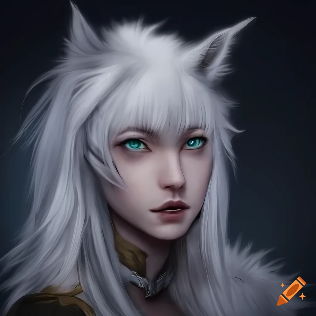 Portrait of a woman with white hair and a wolf hybrid