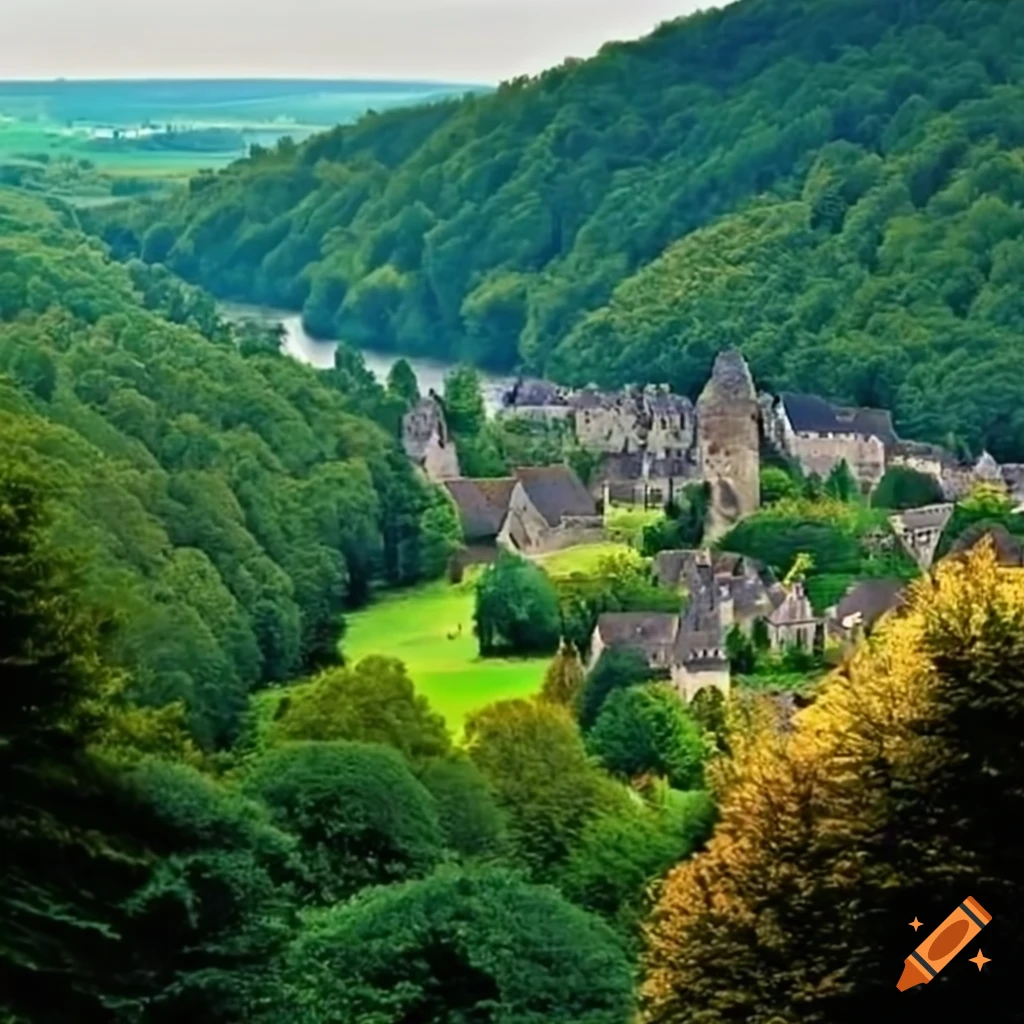 A picturesque human city emerges from a vast forest on Craiyon