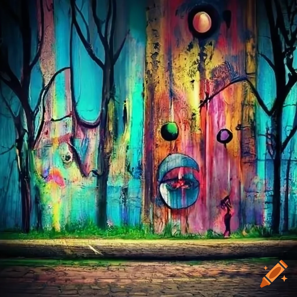 Surrealist circus scene with graffiti on walls on Craiyon