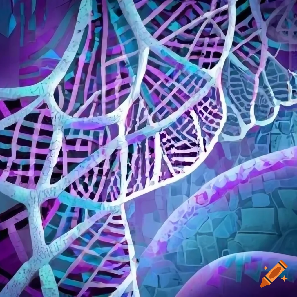 Mosaic mural of blue and violet dna structure