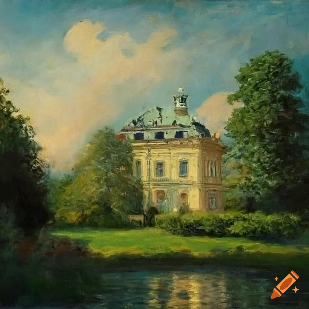 Neoclassicism landscape painting with a house and beautiful sky on Craiyon