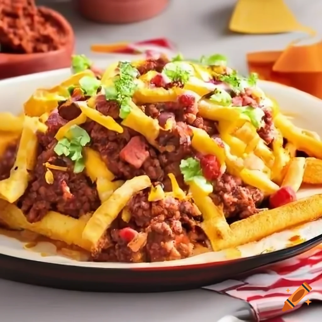 Loaded fries with chili and cheese on Craiyon