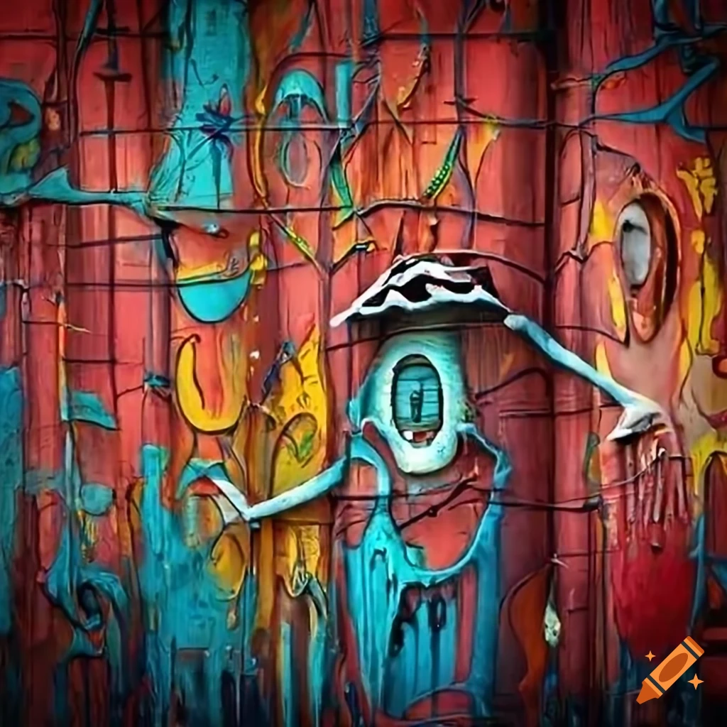 Surrealist circus graffiti on walls and fence on Craiyon