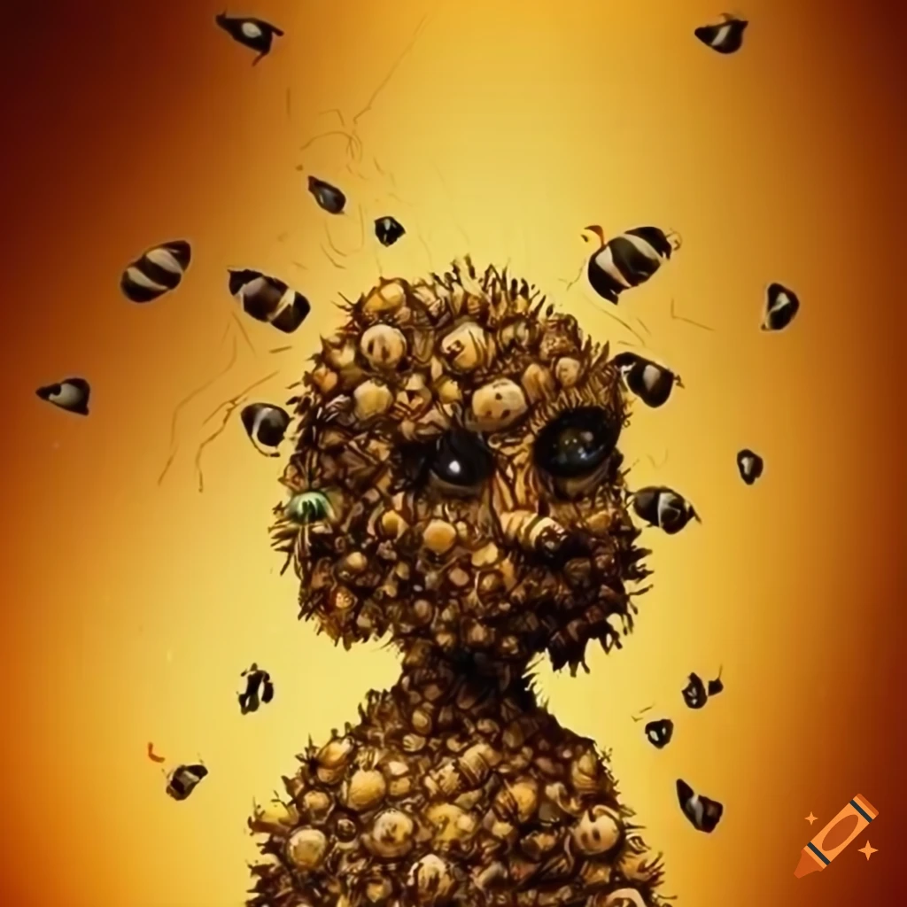 Fantasy art of a bee swarm forming a small man on Craiyon