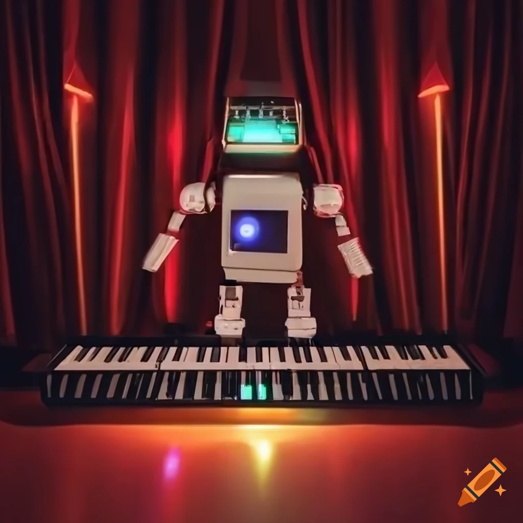 Closeup of a robot playing a synth on a stage