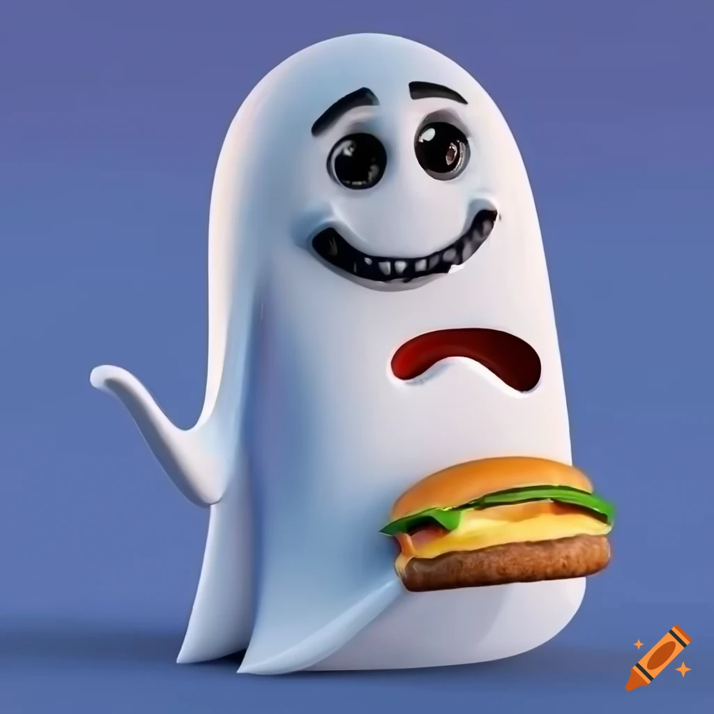 Cute ghost with a cheeseburger on blue background