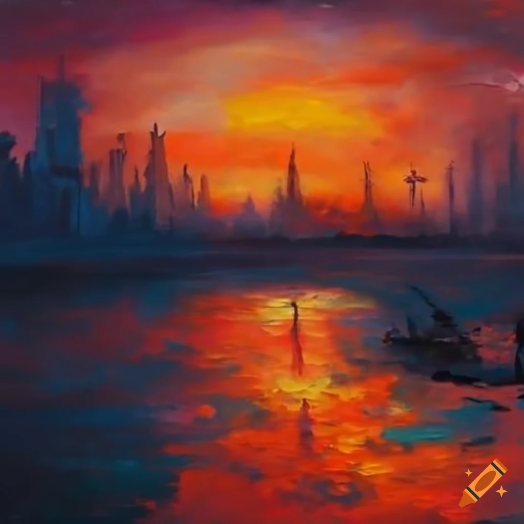 Fiery sunset over an apocalyptic landscape