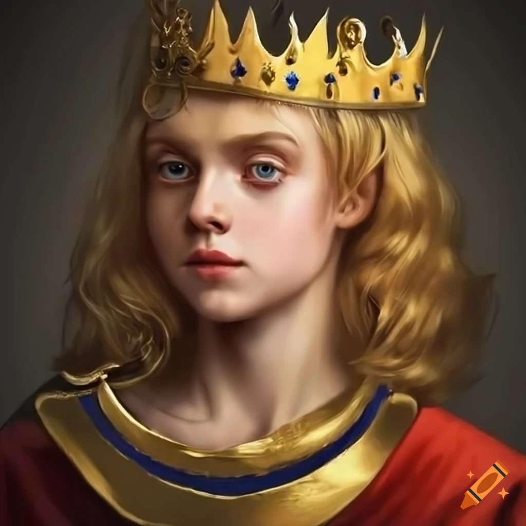 Portrait of a young king with golden hair and periwinkle eyes