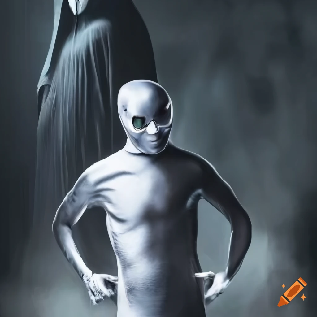 Movie poster with a black morph suit and white cloaked figure on Craiyon