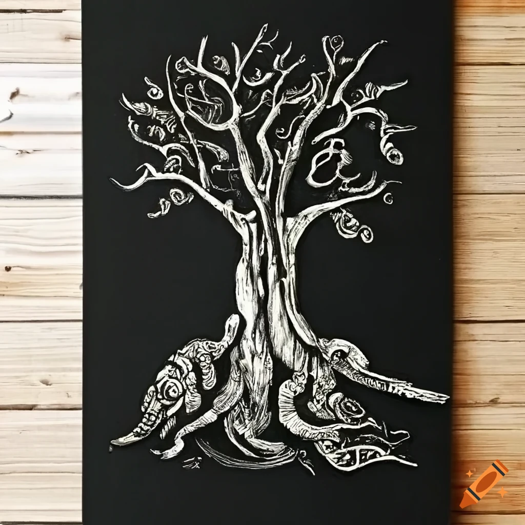 Sumi-e drawing of a detailed Mayan tree of life with hieroglyphs on Craiyon