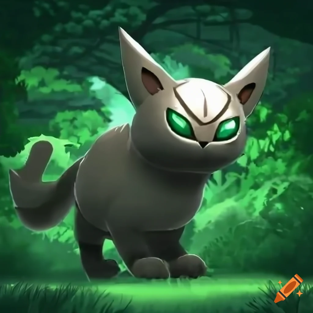 Wildheart, a powerful psychic cat Pokemon in a lush forest on Craiyon