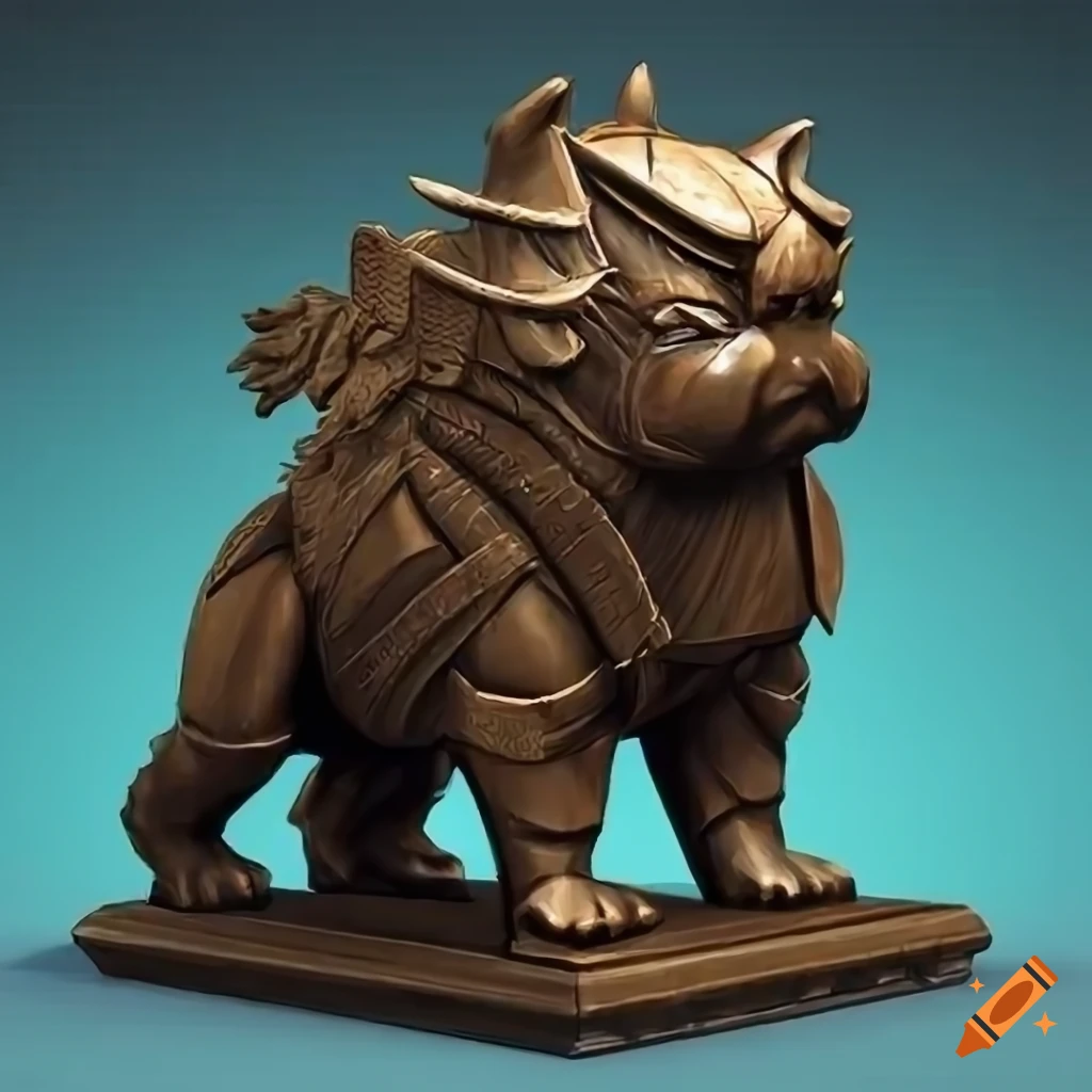 2d isometric game art of a bronze komainu statue