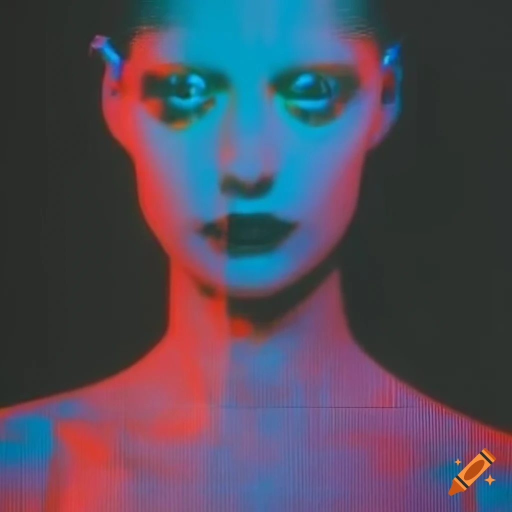 Surreal glitch fashion model with holographic bands on Craiyon