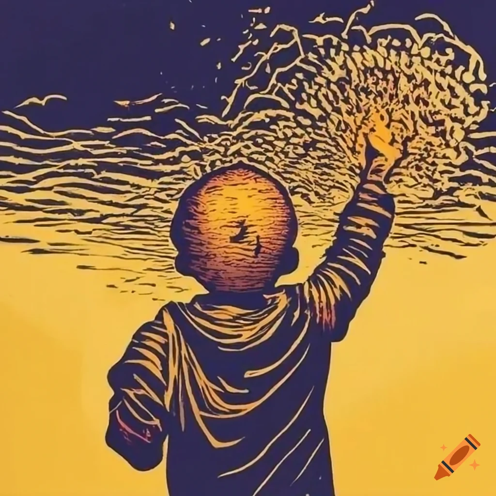 Surreal woodcut artwork of a fading child reaching to the sky on Craiyon