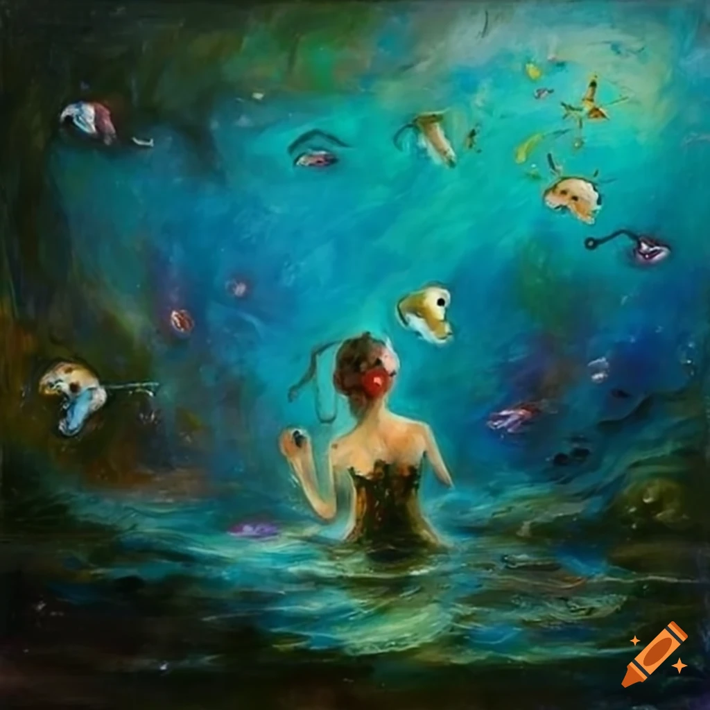 Enchanting painting with small creatures in water on Craiyon