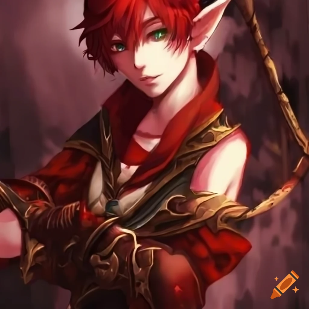 Anime young boy elf bard with red-tinted skin